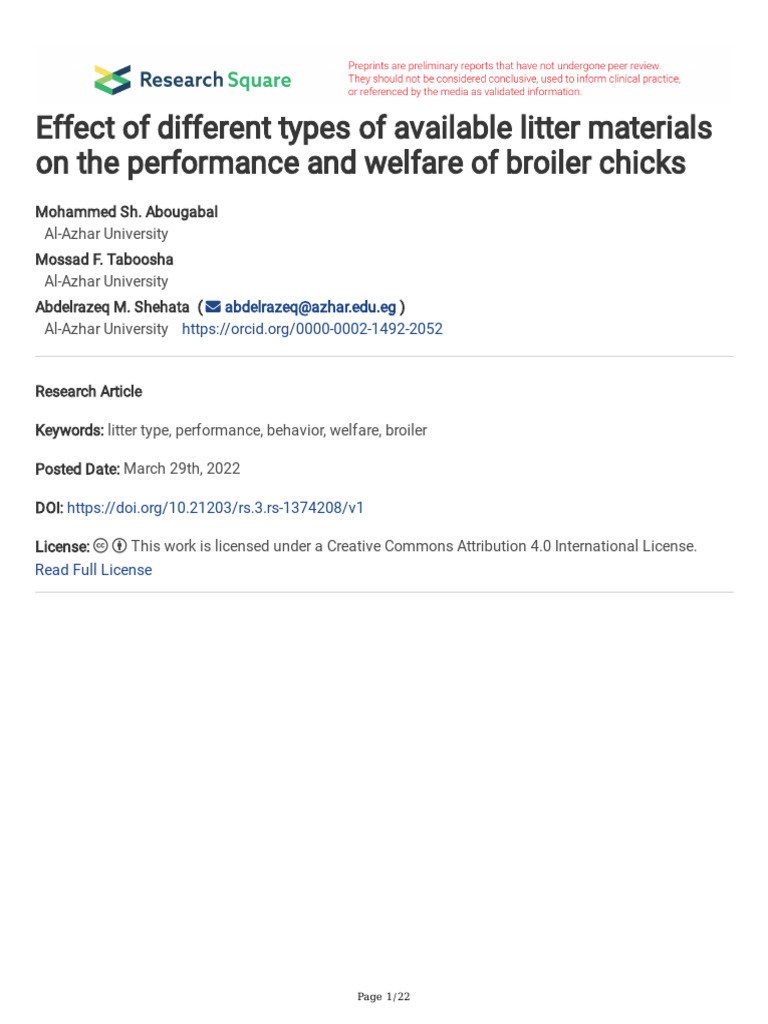 Effect of Different Types of Available Litter Mate | PDF | Broiler ...