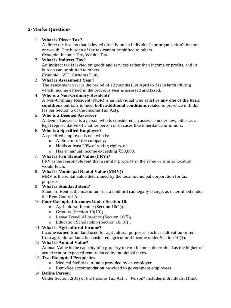 2marks and 5 Marks Questions | PDF | Taxes | Income