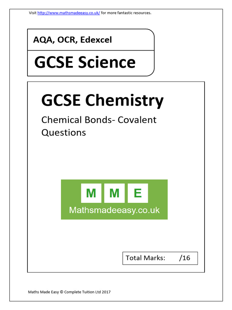 GCSE Chemistry AQA OCR Edexcel. Chemical Bonds Covalent. Questions | PDF