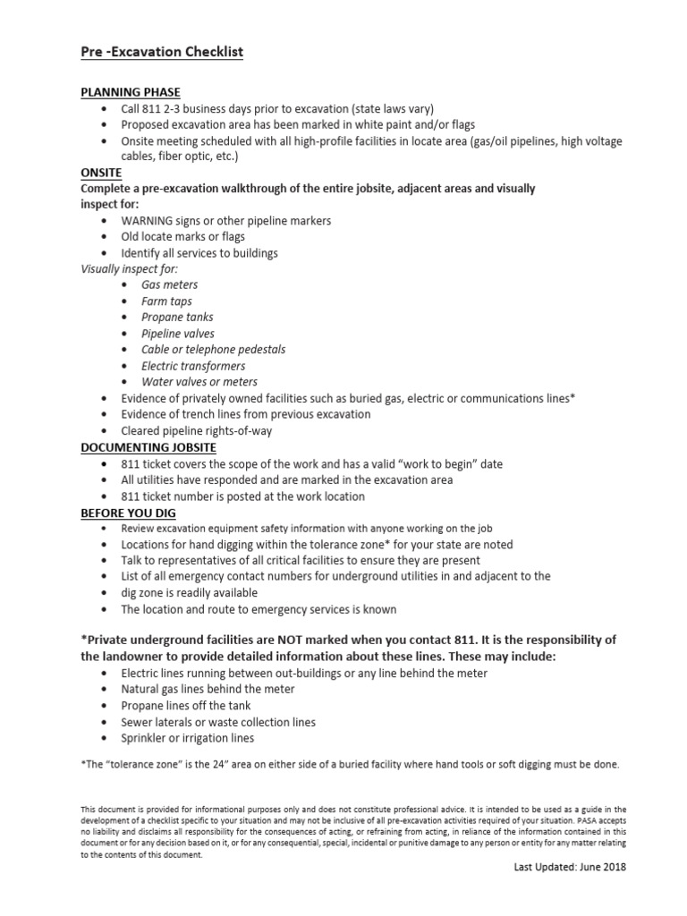 Pre-Excavation Checklist June2018 | PDF