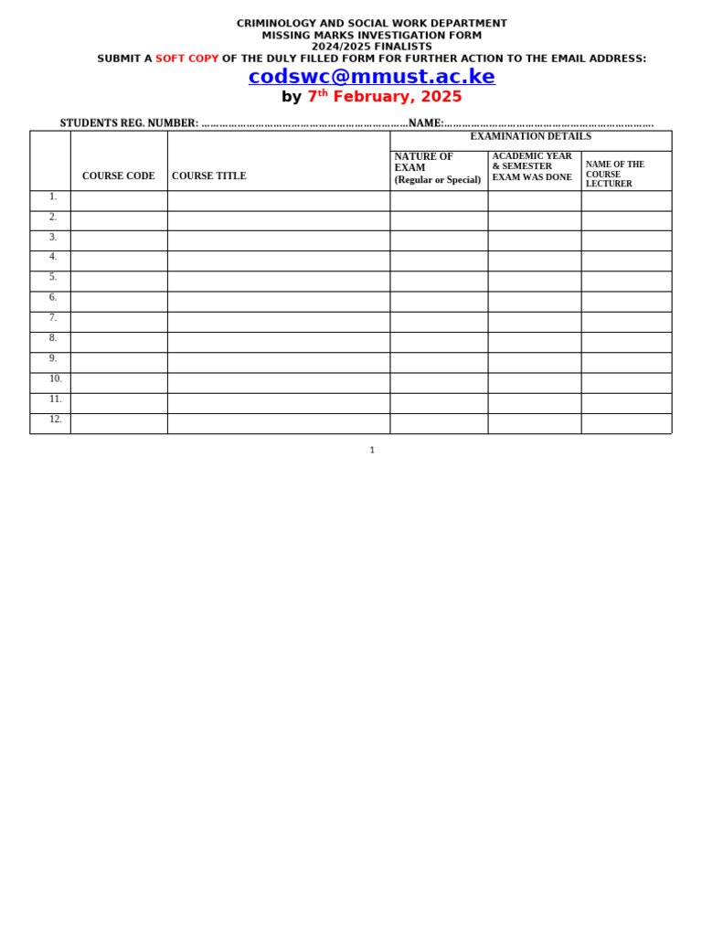 C & SW Individual Missing Marks Form | PDF