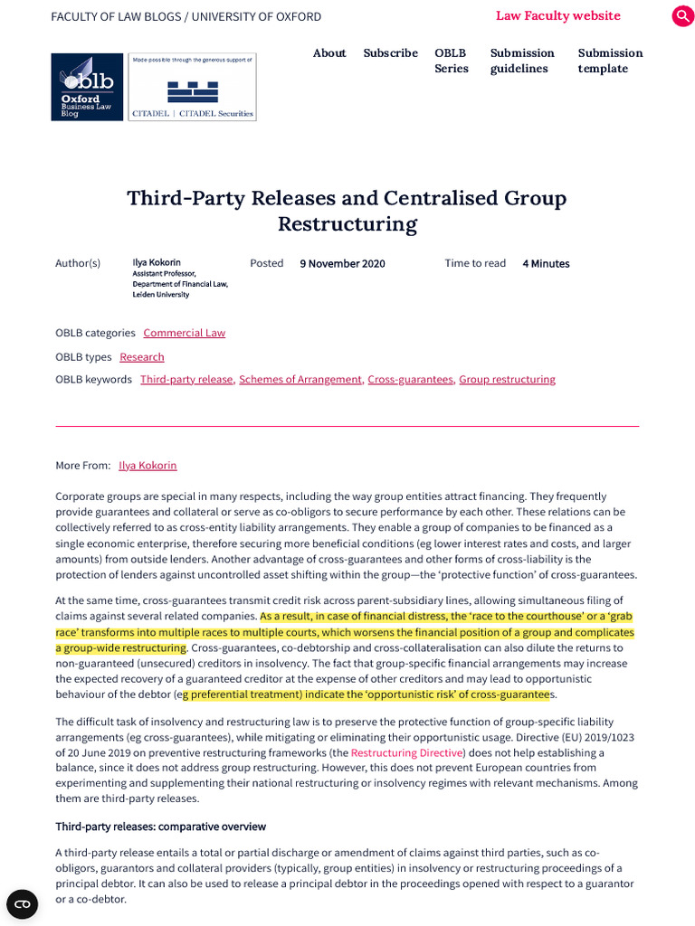 Third-Party Releases and Centralised Group Restructuring _ Oxford Law ...