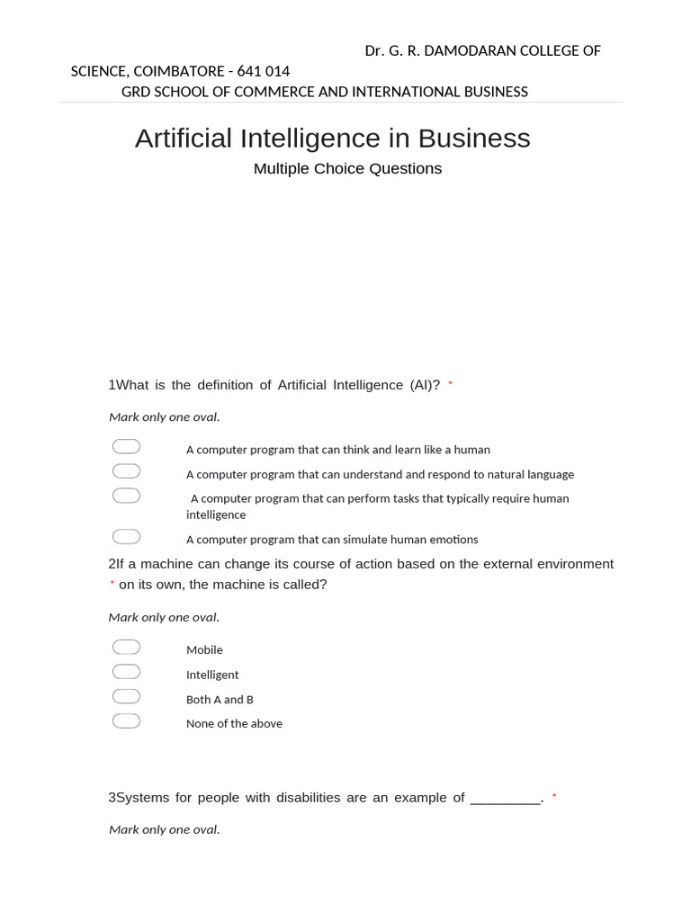 22303C - Artificial Intelligence in Business - MCQ | PDF | Artificial ...