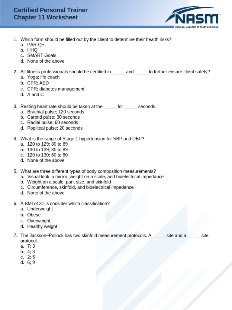 NASM CPT7 - Chapter - 11 - Worksheet | PDF