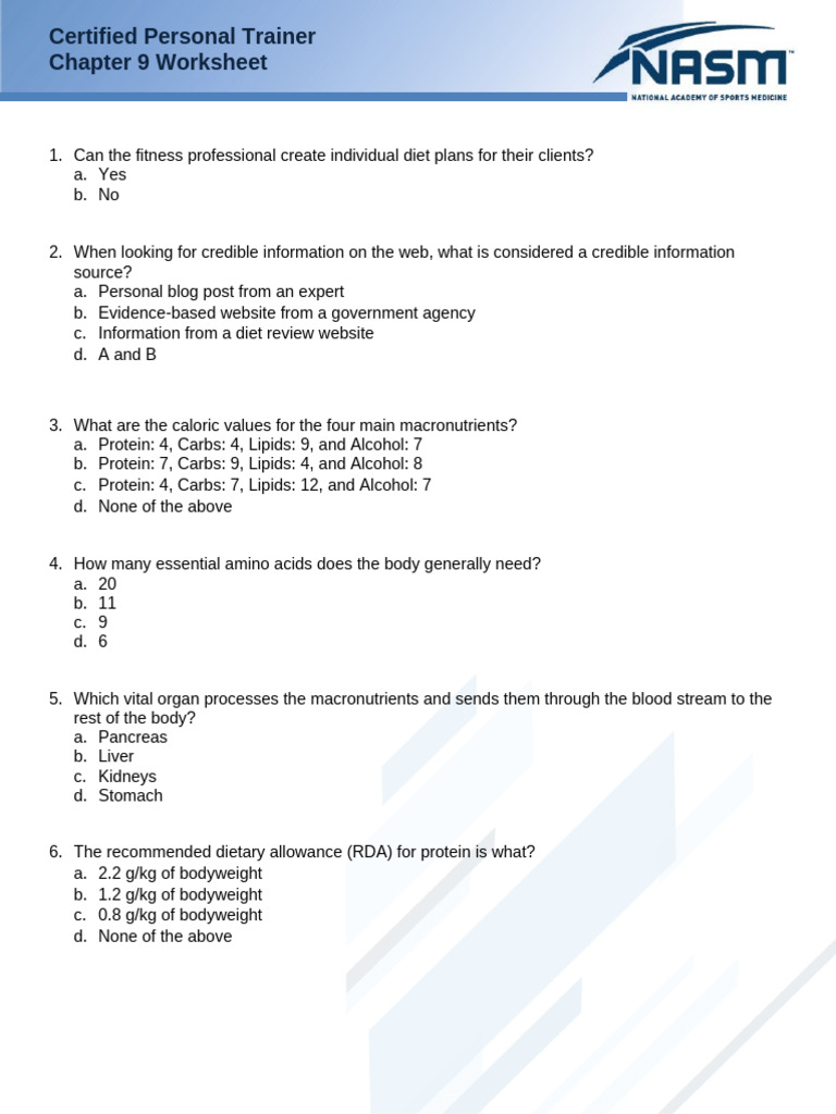 NASM CPT7 - Chapter - 9 - Worksheet | PDF | Carbohydrates | Nutrition