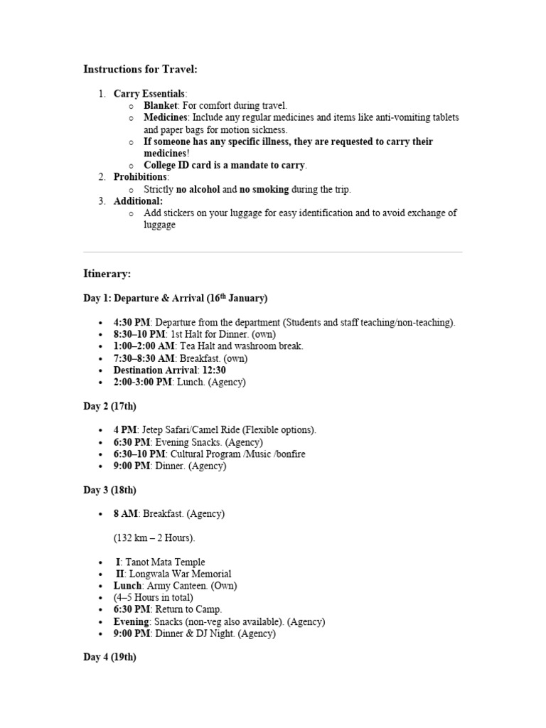 Travel Itinerary and Packing Guide | PDF