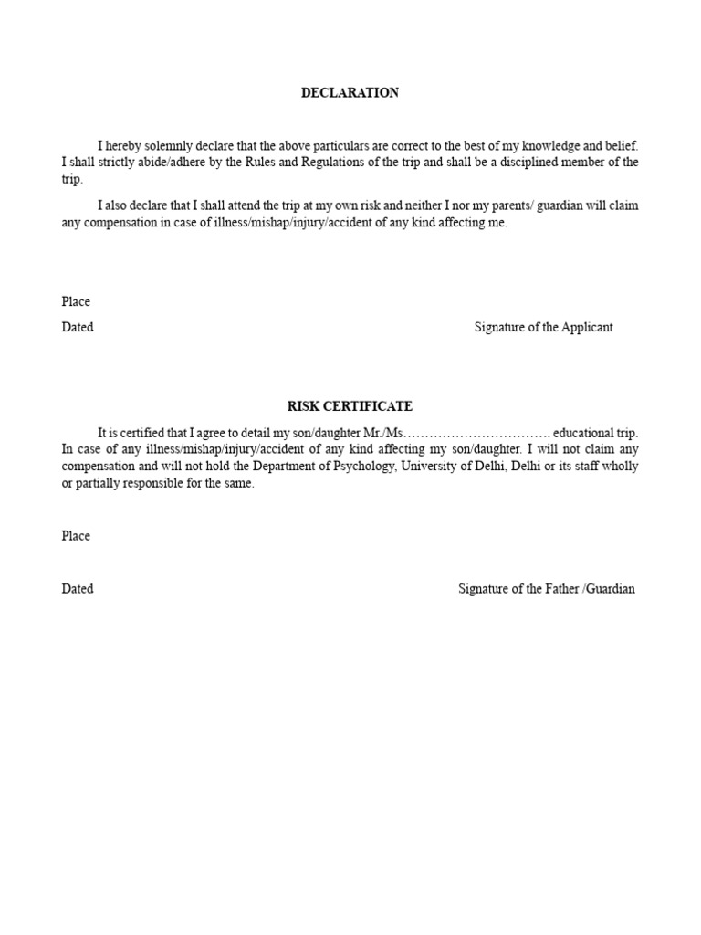 Trip Declaration-cum-Risk Certificate | PDF
