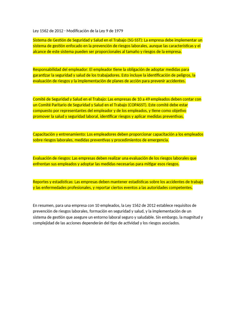 Ley 1562 de 2012: Seguridad Laboral y SST | PDF