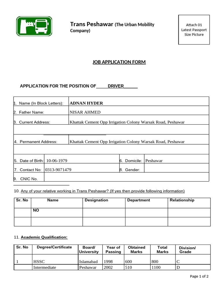 TransPeshawar FORM | PDF