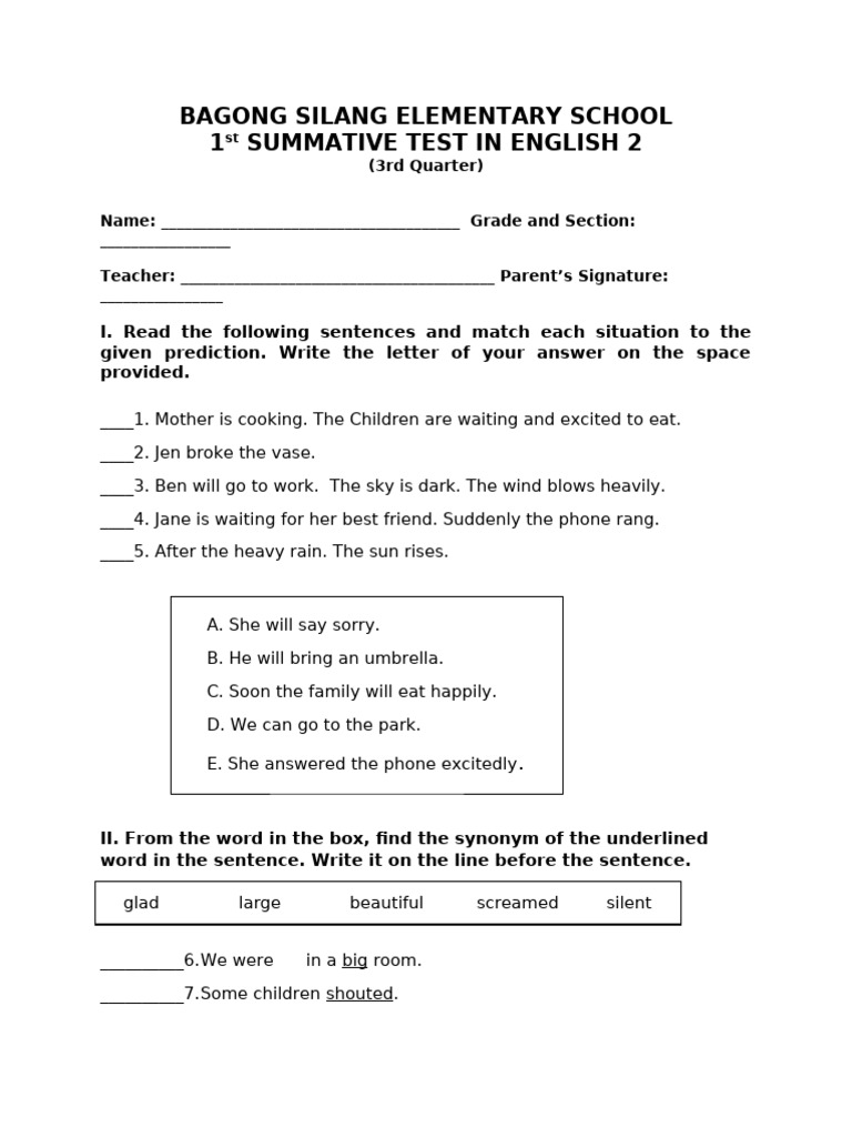 1st SUMMATIVE TEST IN ENGLISH 2 Q3 | PDF