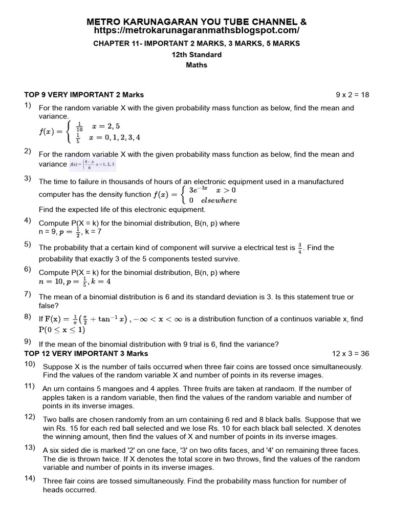 12 Chap11-2,3,5 Imp Ques | PDF | Probability Distribution | Variance