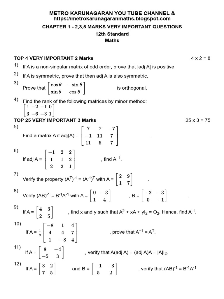 12 Chap1-2,3,5 Imp Ques | PDF | Matrix (Mathematics) | Mathematical ...