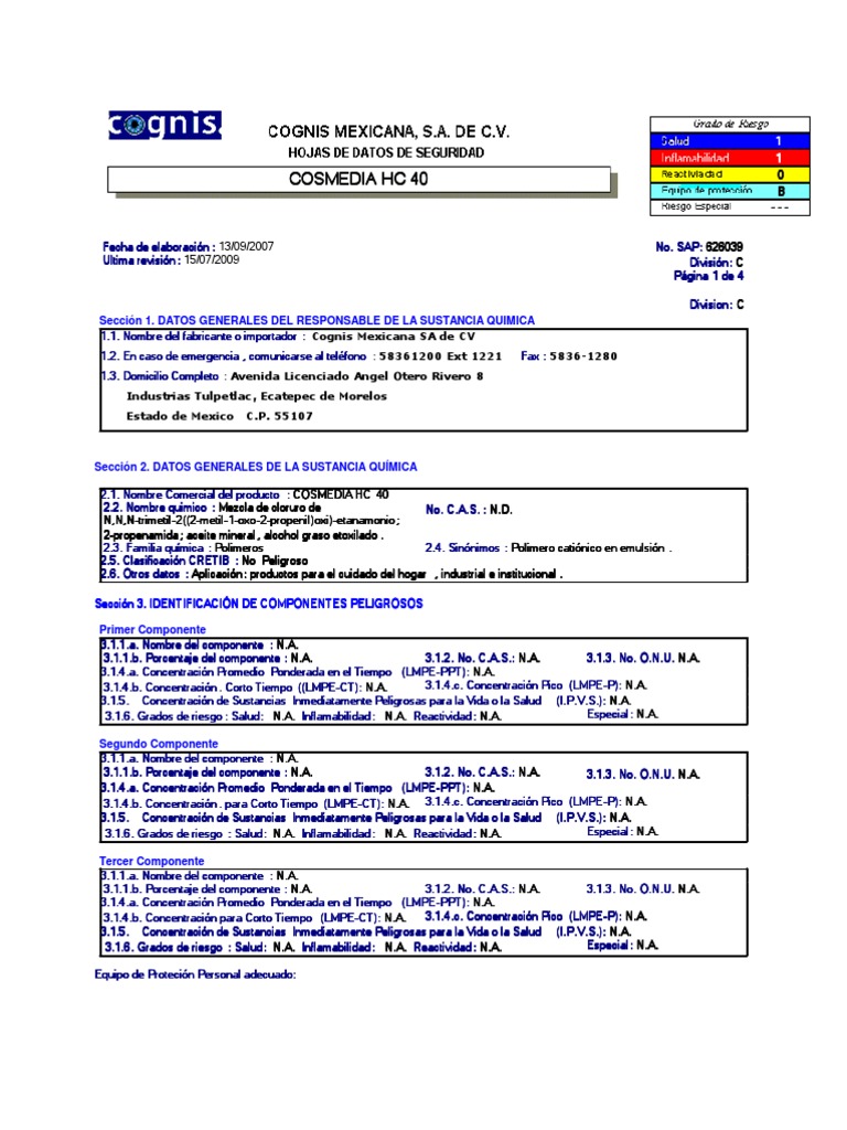 Cosmedia HC 40 MSDS | PDF | Carbón | Agua