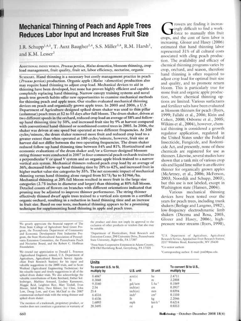 Mechanical Thinning of Peach and Apple Trees Reduces Labor Input and ...