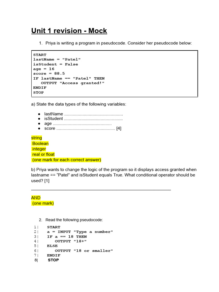 G8 - U1 - MOCK EXAM - Mark Scheme | PDF | Software Development | Computer Science