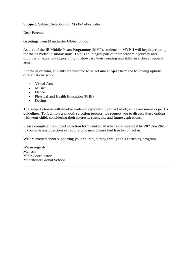 MYP-4 ePortfolio Subject Selection | PDF