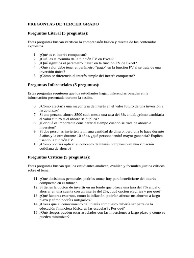 Preguntas de Tercer Grado | PDF