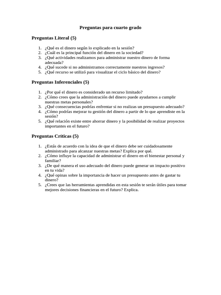 Preguntas Para Cuarto Grado | PDF