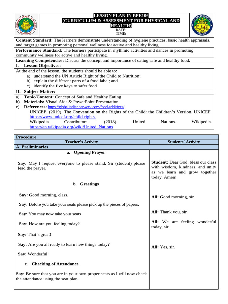 Safe and Healthy Eating Lesson Plan | PDF | Foods | Nutrition