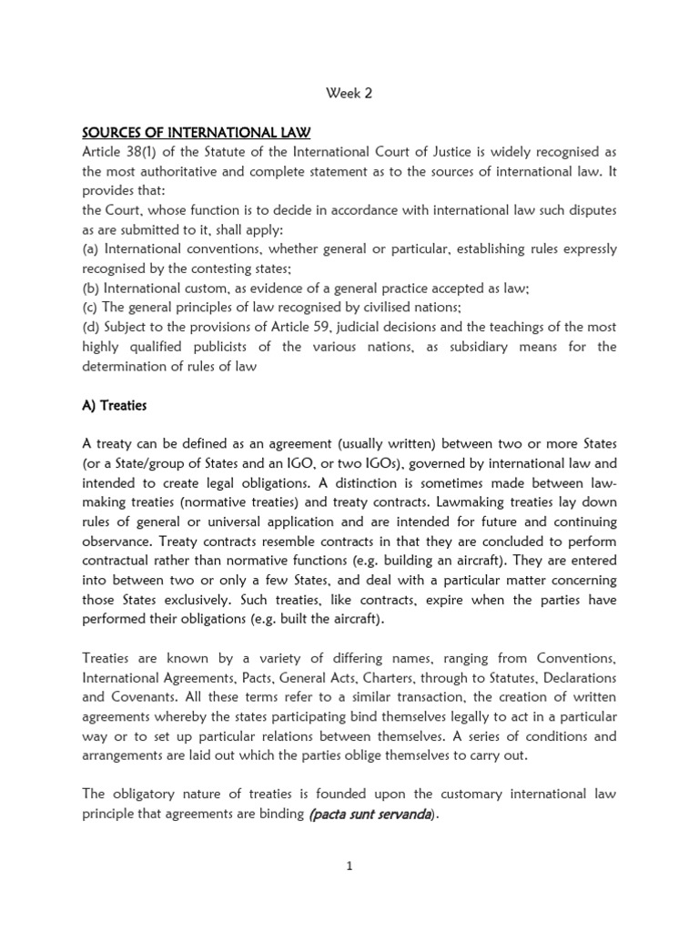 Handout 2 (Week 2) - Sources of PIL-1 | PDF | International Law | Treaty