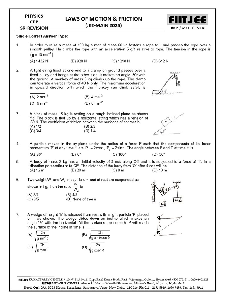 SR Physics Mains_LAWS OF MOTION & FRICTION_MAINS | PDF | Force | Mass