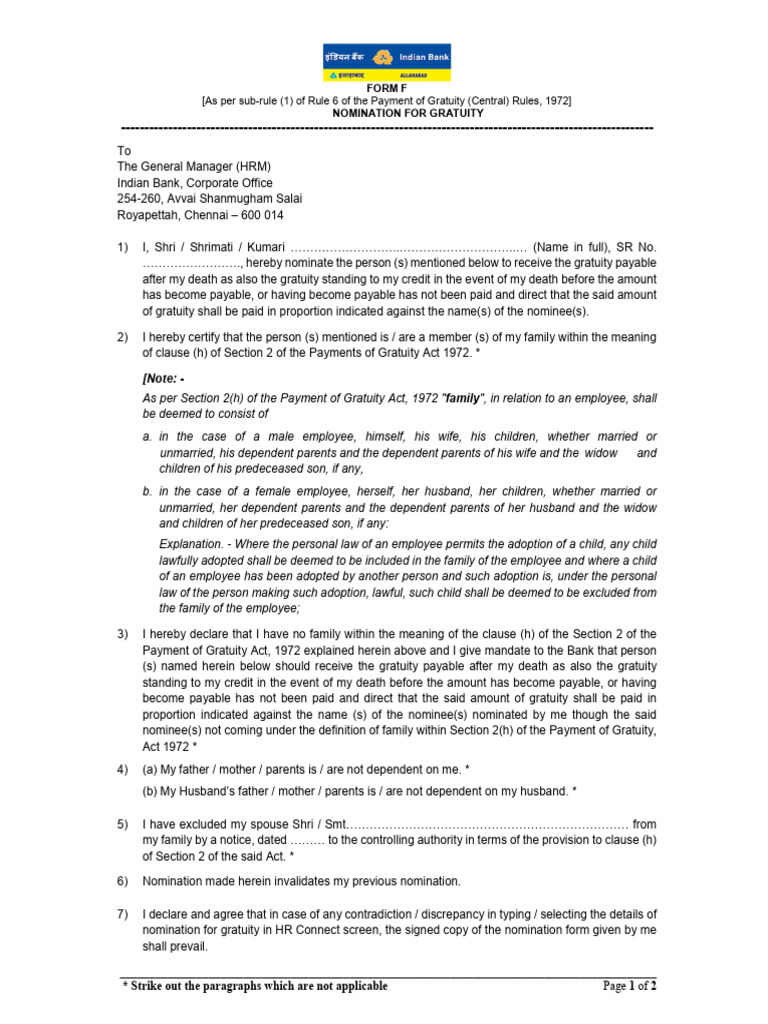 Gratuity Nomination Form F Guidelines | PDF | Private Law | Social ...
