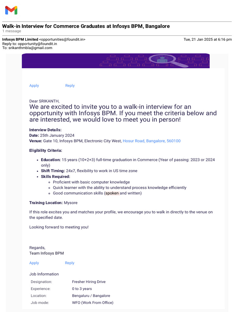 Gmail - Walk-In Interview For Commerce Graduates at Infosys BPM ...