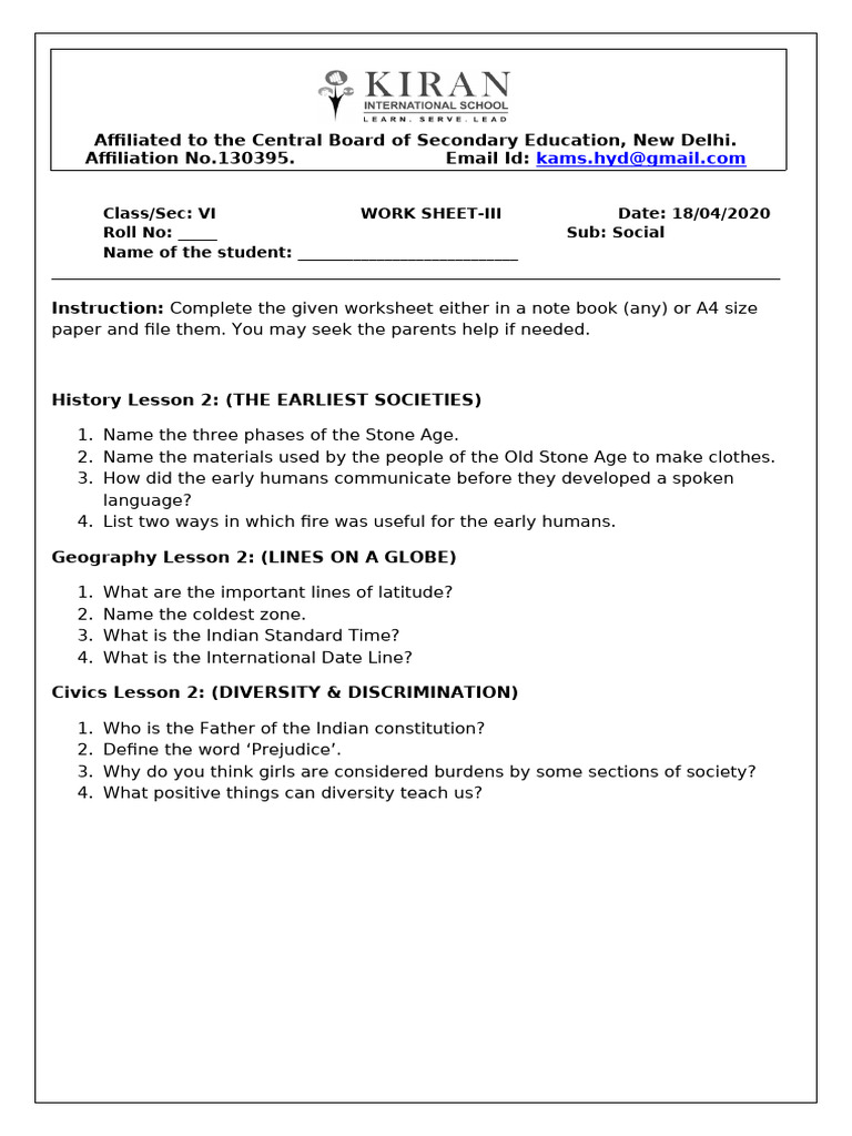Grade-VI Social Work Sheet-3 | PDF