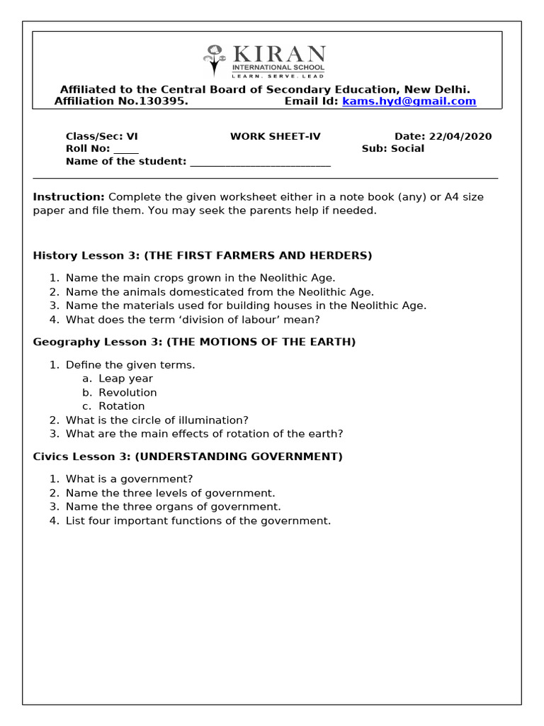 Grade-VI Social Work Sheet-4 | PDF