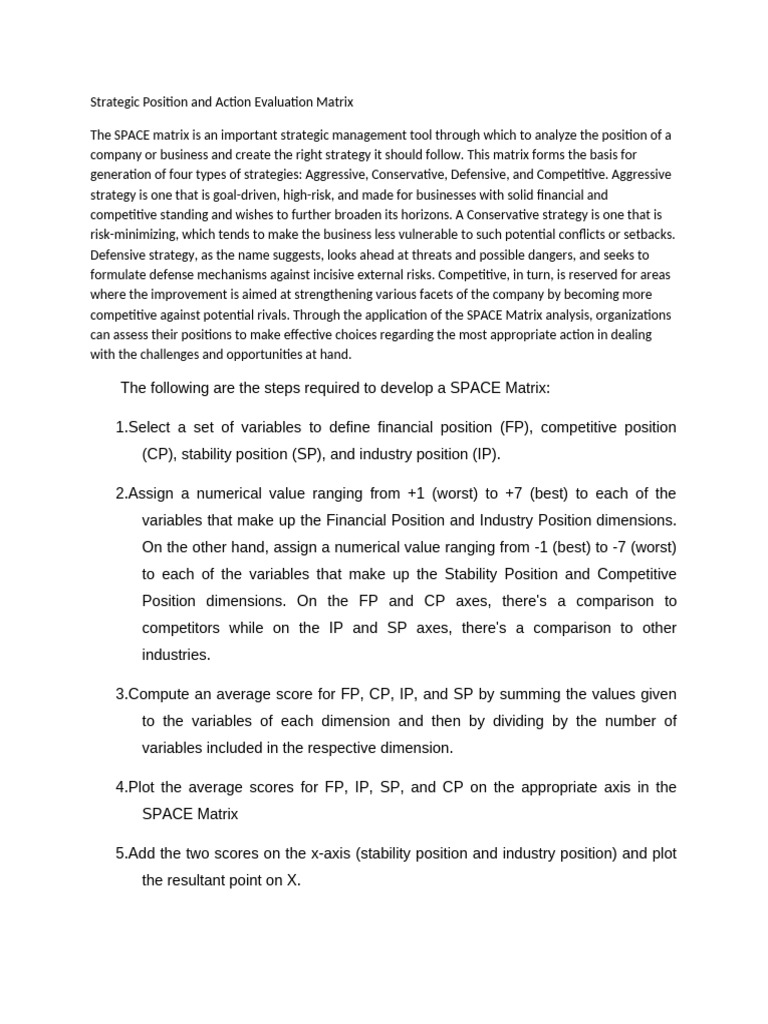 SPACE Matrix Strategy Evaluation Guide | PDF | Cartesian Coordinate ...