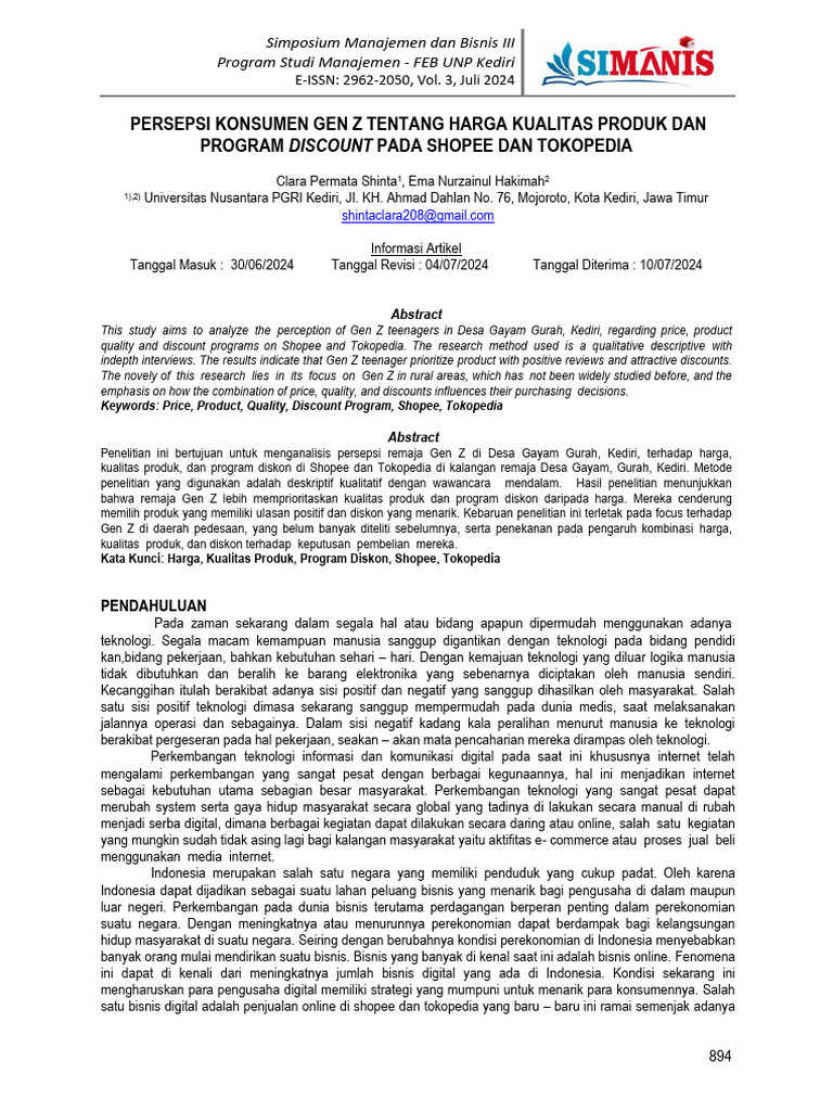 PERSEPSI KONSUMEN GEN Z TENTANG HARGA KUALITAS PRODUK DAN PROGRAM DISCOUNT PADA SHOPEE DAN ...