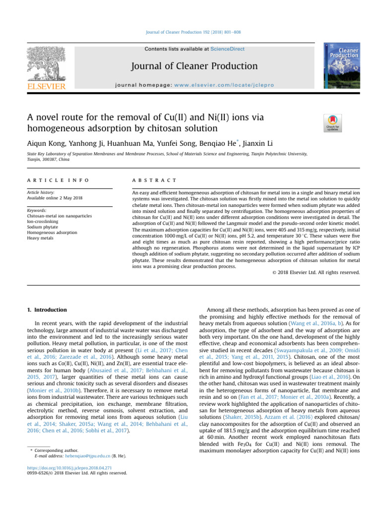A Novel Route for the Removal of Cu(II) and Ni(II) Ions via Homogeneous Adsorption by Chitosan ...