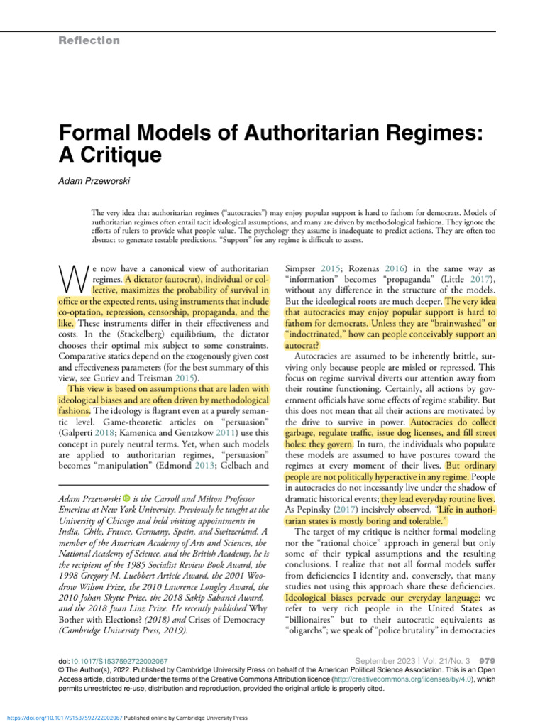 Formal Models of Authoritarian Regimes A Critique | PDF ...