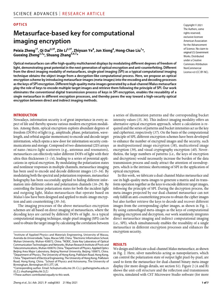 Metasurface-Based Key For Computational Imaging en | PDF | Encryption | Polarization (Waves)