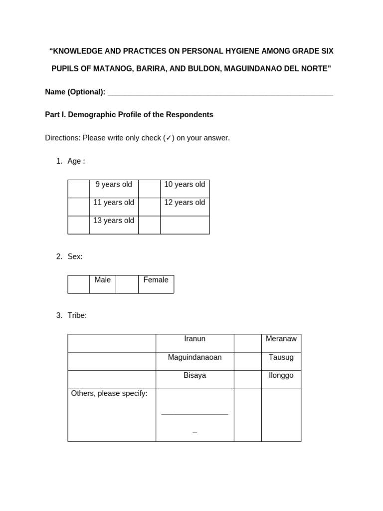 Hygiene Group Questionnaire | PDF | Hygiene | Oral Hygiene