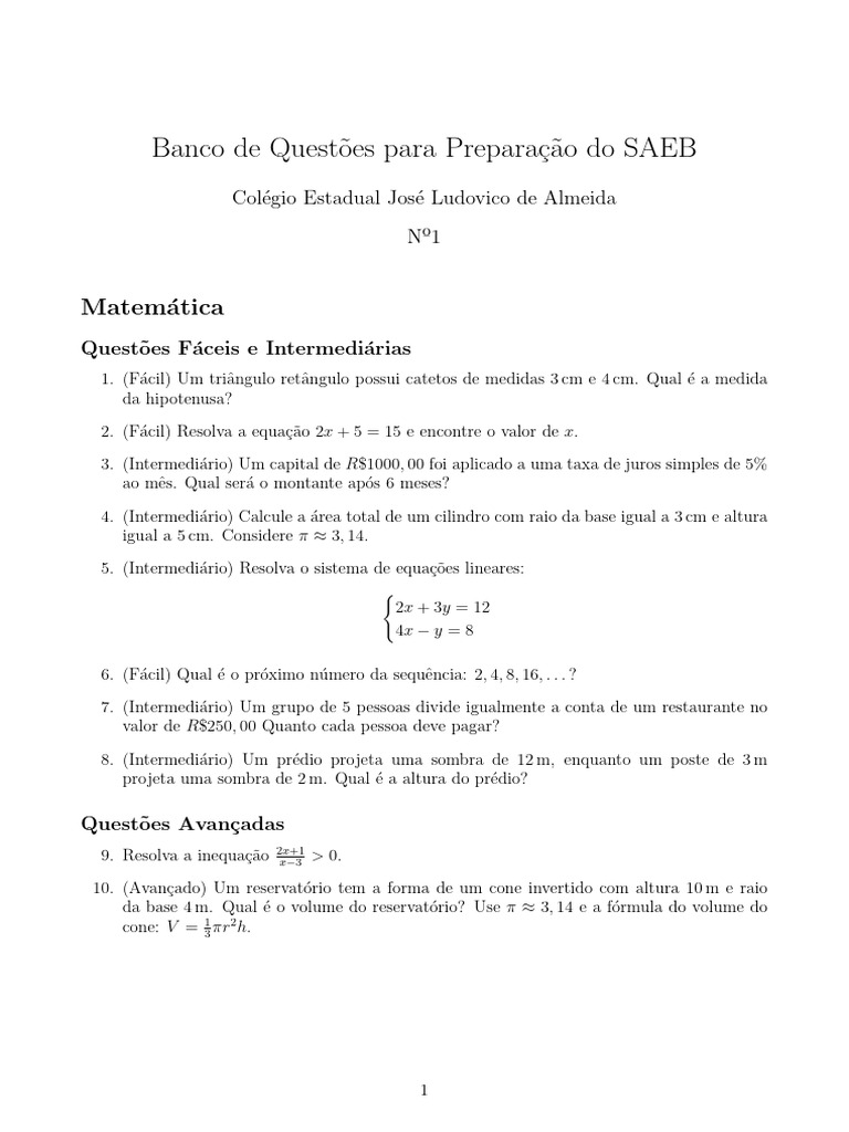 Simulado - 1 SAEB | PDF