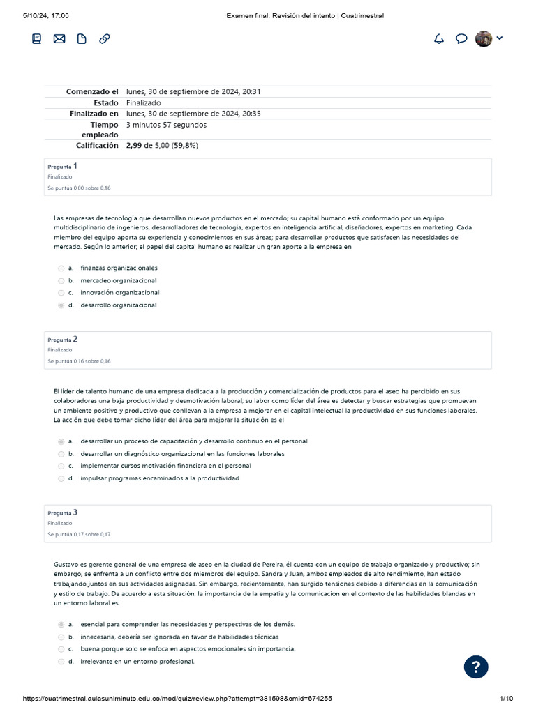 Examen Final - Revisión Del Intento - Cuatrimestral | PDF | Gestión de recursos humanos ...