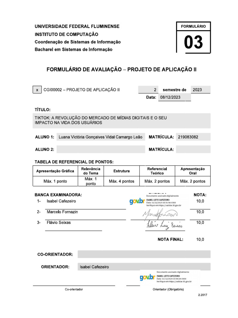 Formulário 3 - Luana Victória Gonçalves Vidal Camargo Leão | PDF