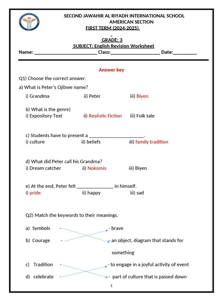 English Revision Worksheet for Grade 3 | PDF