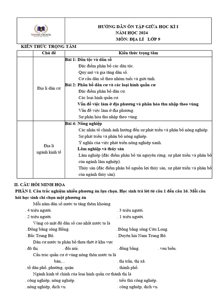 Địa lí 9_Hướng dẫn ôn tập_GKI | PDF