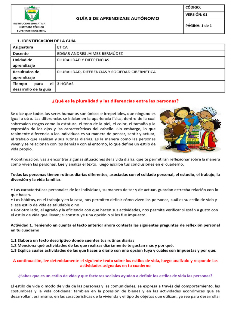 Guía Ética 3 Pluralidad, Diferencias y Diversidad | PDF | Sociedad ...