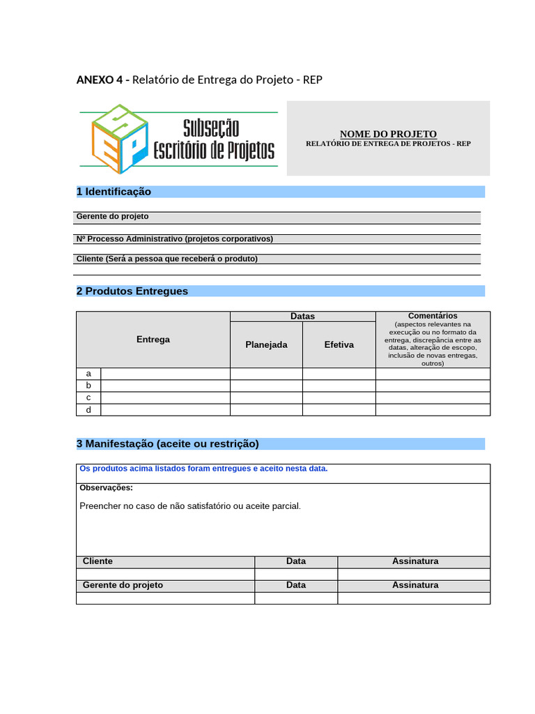 MGProj Anexo4 Relatorio Entrega Projeto | PDF