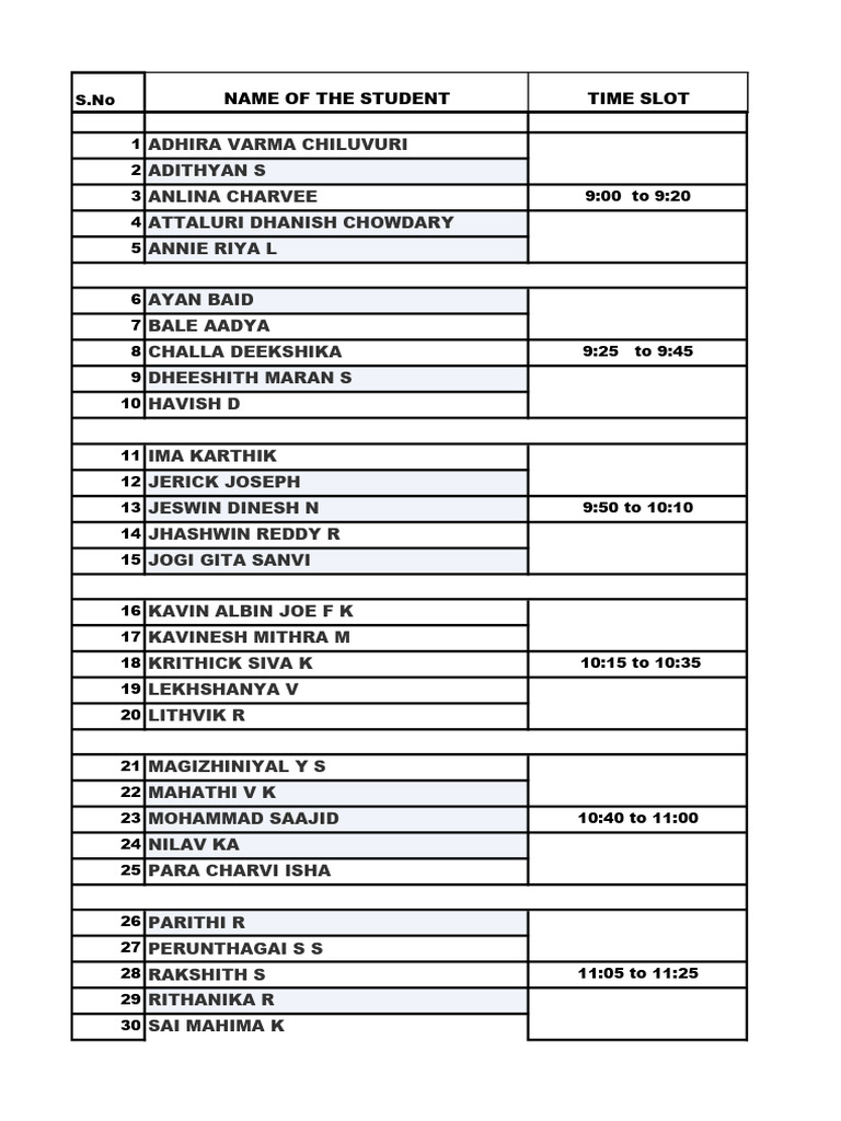 Student Names and Time Slots List | PDF