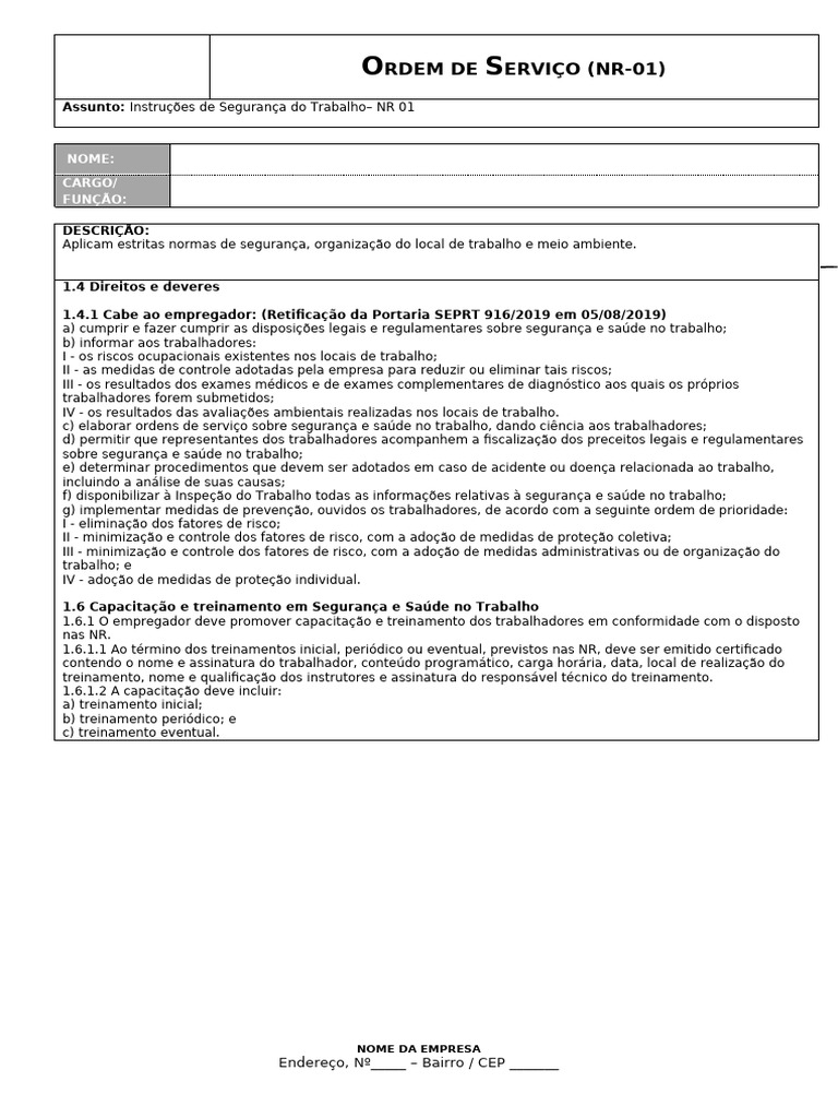 Ordem de Serviço NR-01 | PDF | Eletricista | Segurança e saúde ocupacional
