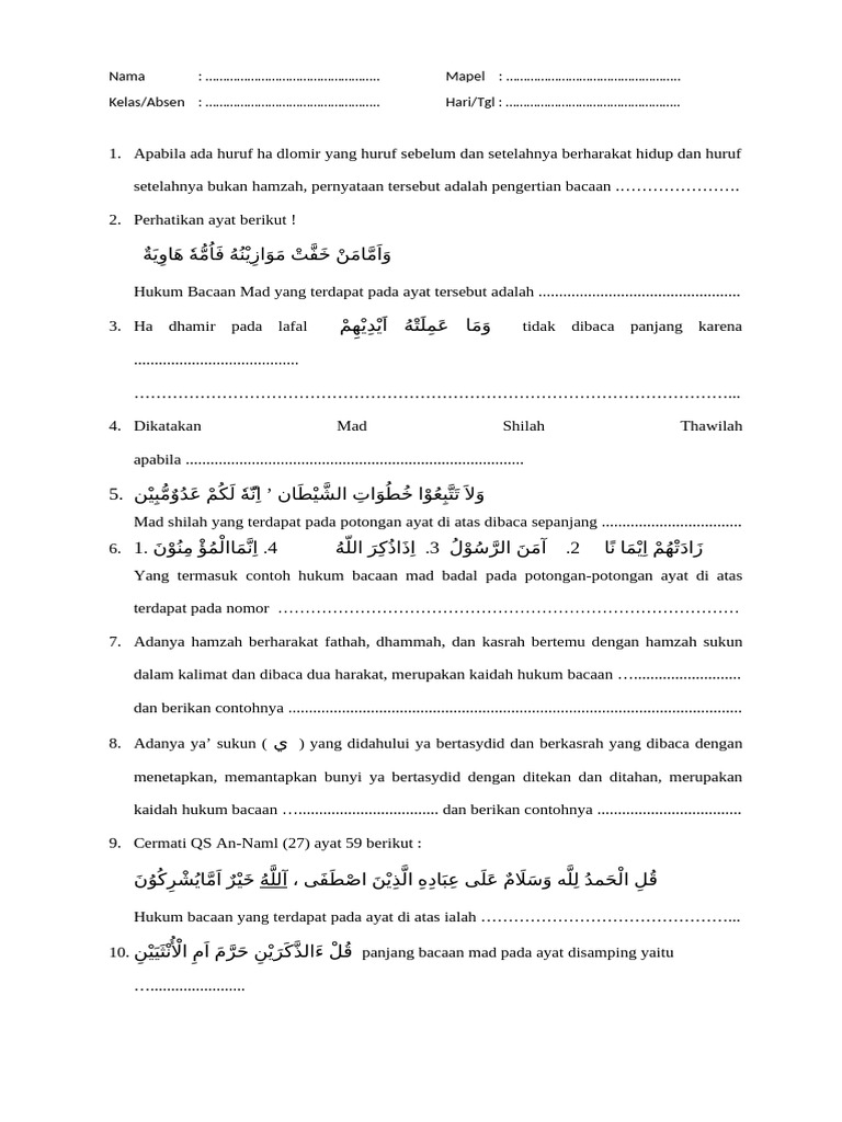 Soal Ulangan Harian Al Quran Hadits Kelas VIII | PDF