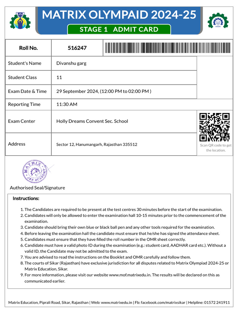 Student Admit Card: Matrix Olympiad | PDF