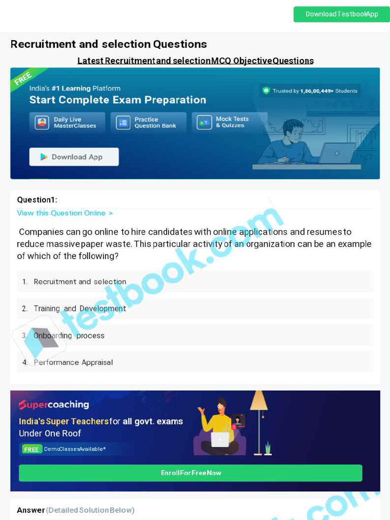 MCQ On Recruitment and Selection 5fad337b6780b8881476502c | PDF