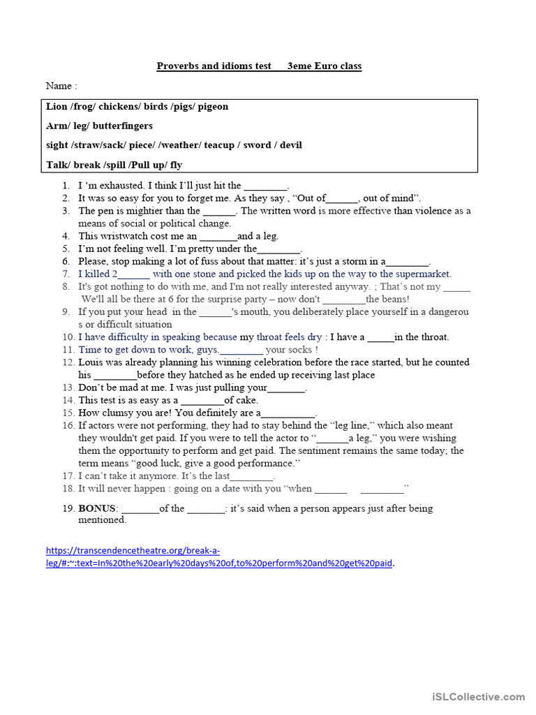 Proverbs and Idioms Test | PDF