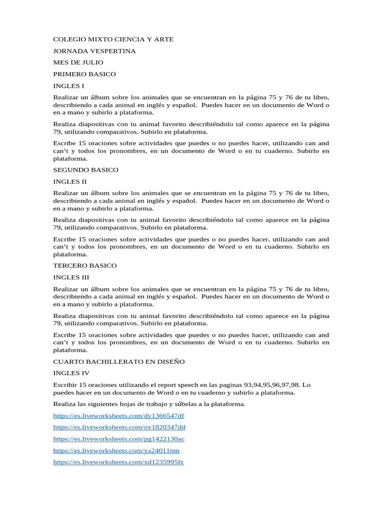 GUIA DE TAREAS MES DE JULIO MRS. KARLA FERNANDEZ JORNADA VESPERTINA | PDF