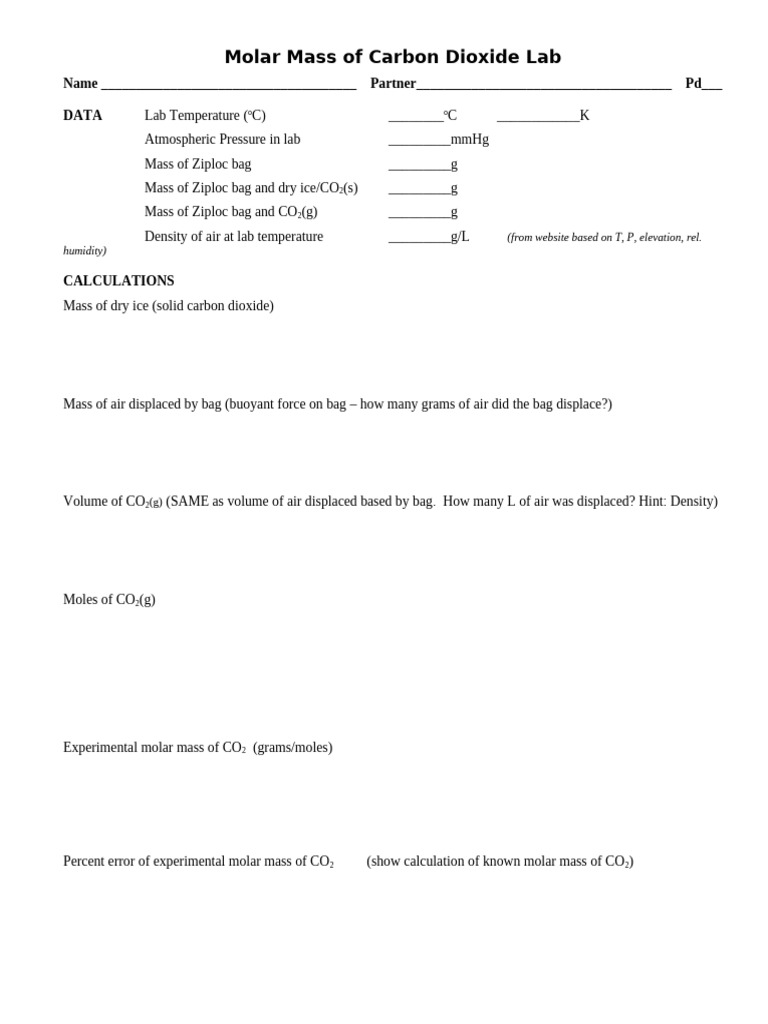 Molar Mass of Carbon Dioxide Lab Ziploc - NEW | PDF | Atmosphere Of ...